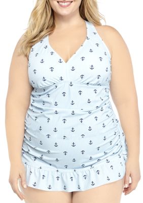 Crown & Ivy™ Plus Size Anchor Stripe Crossback Ruffle Swim Dress | belk