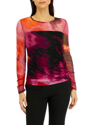 DKNY Women's Long Sleeve Smudge Print Side Ruch Mesh Blouse | belk