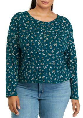 TRUE CRAFT Plus Size Long Sleeve Cropped Easy Henley Shirt | belk