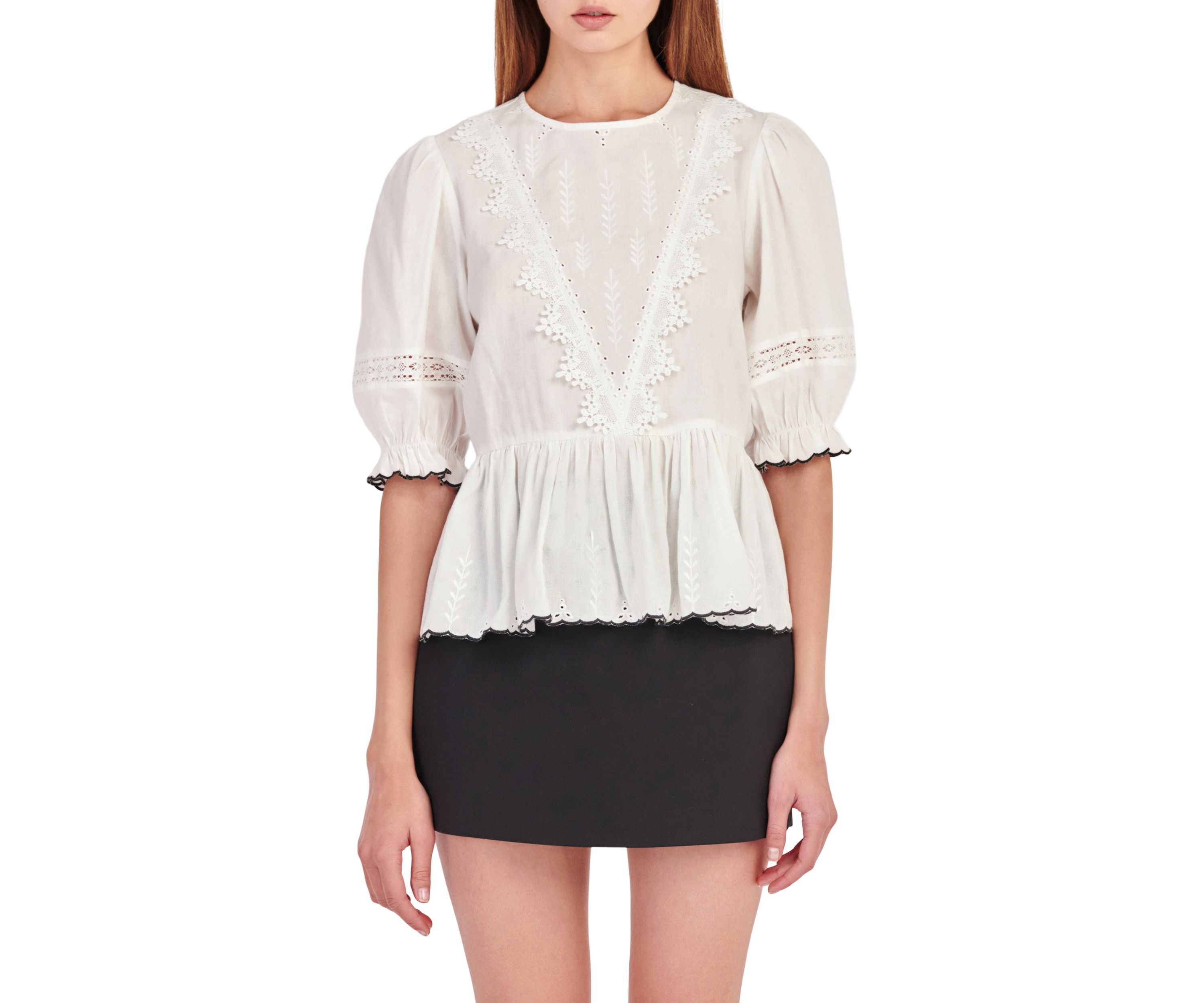 ENGLISH FACTORY Embroidered Blouse with Scalloped Hem | Belk