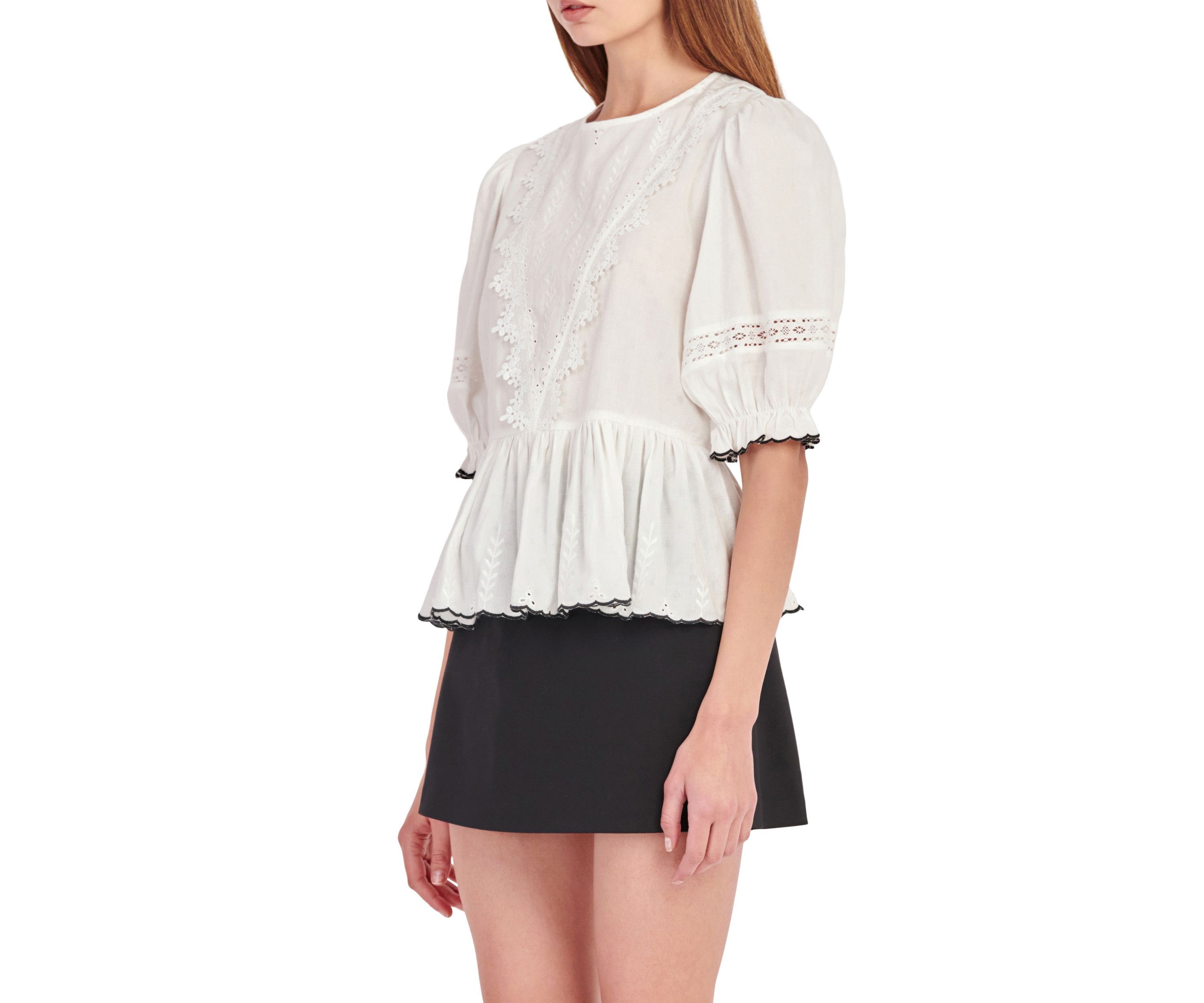ENGLISH FACTORY Embroidered Blouse with Scalloped Hem | Belk