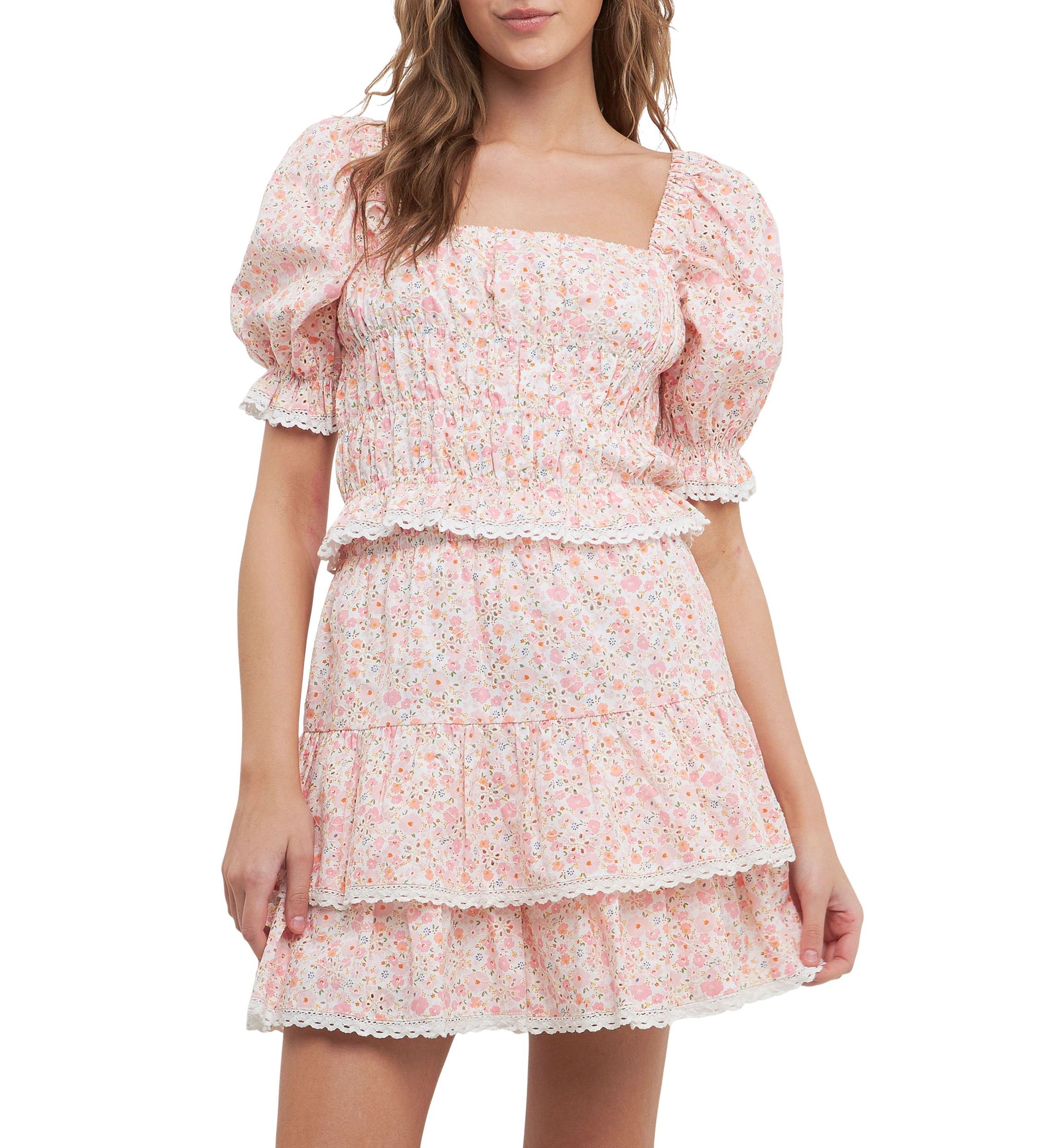 Free The Roses Floral Eyelet Smocked Cropped Top | Belk