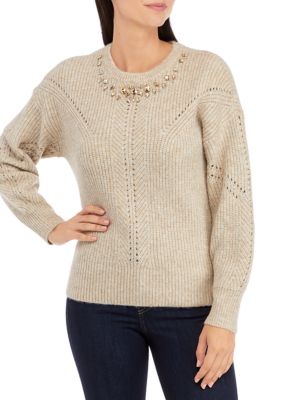 Crown & Ivy™ Women's Jeweled Crew Neck Sweater | belk