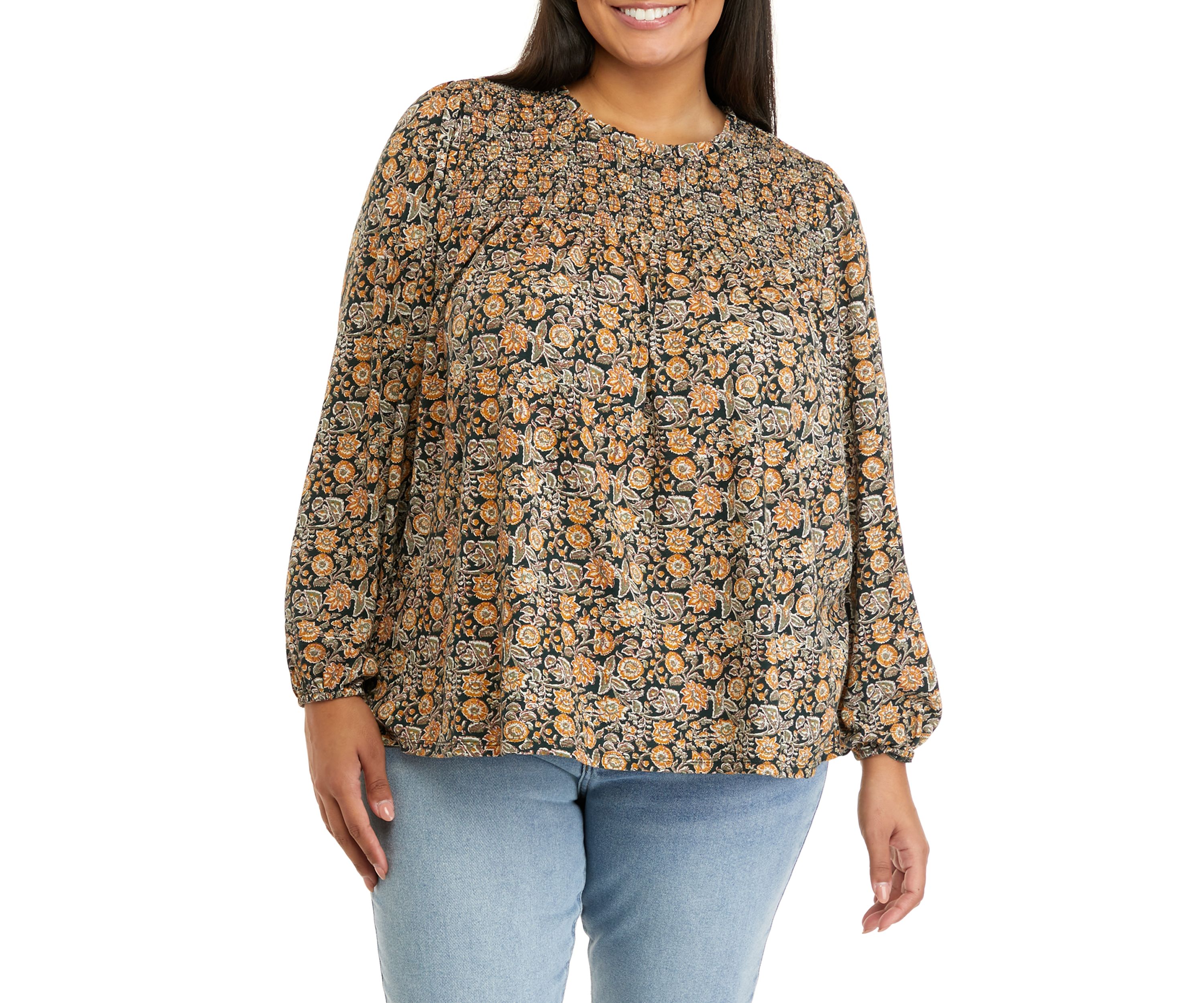 Wonderly Plus Size Long Sleeve Shirred Yoke Top | Belk