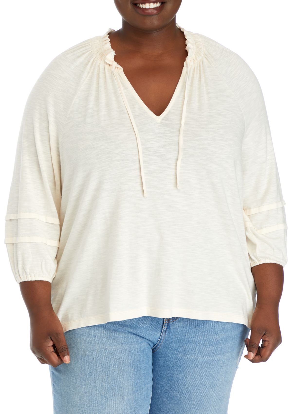 Wonderly Plus Size Smocked Neck Peasant Heavyweight Top | Belk