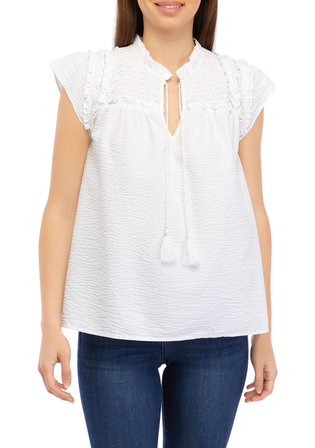 Crown & Ivy™ Women's Short Sleeve Smock Yoke Top | Belk