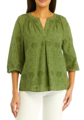 Crown & Ivy™ Women's Solid Eyelet Peasant Top | belk
