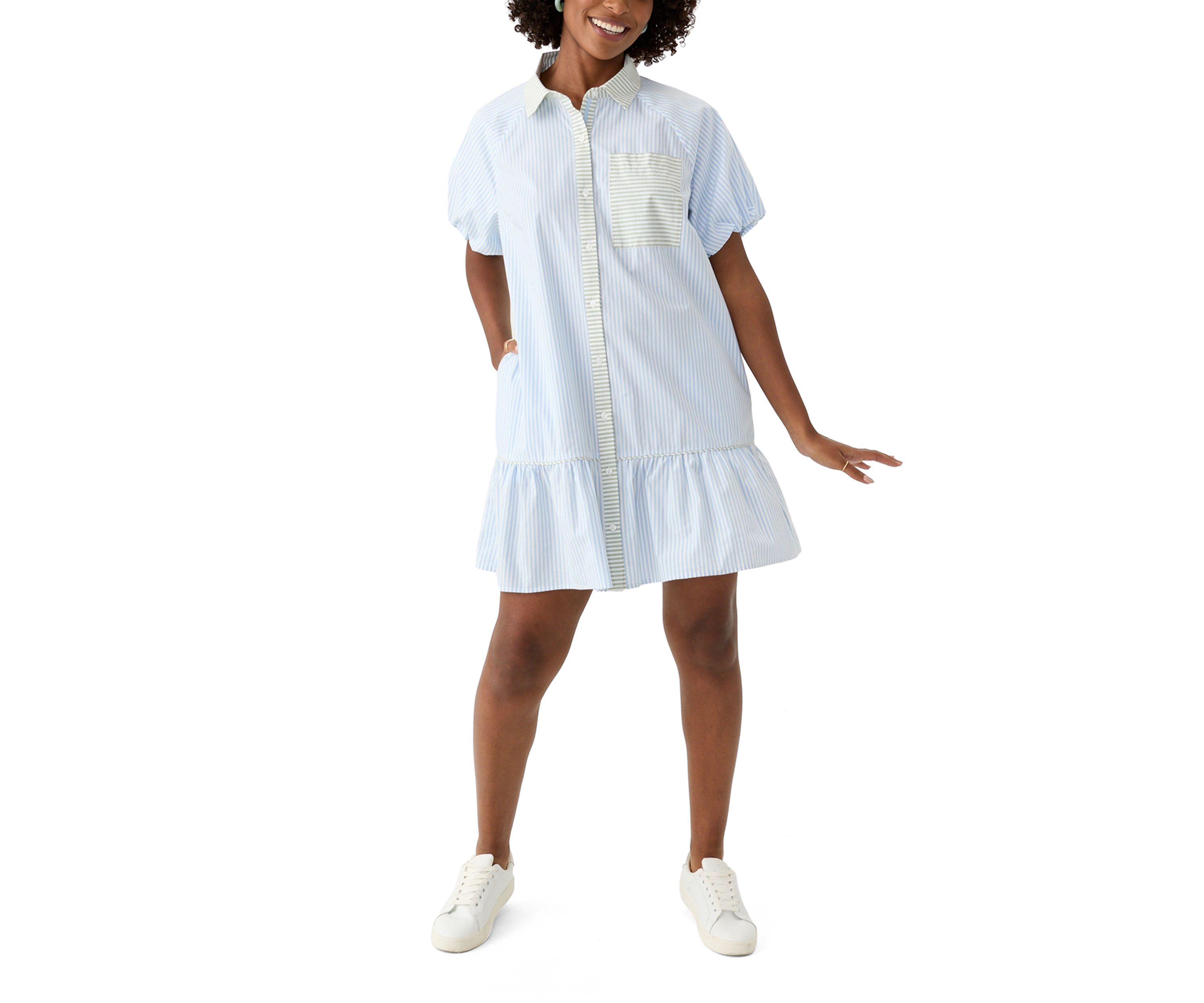 Crown & Ivy™ Petite Short Sleeve Flounce Yarn Dyed Shirtdress | Belk