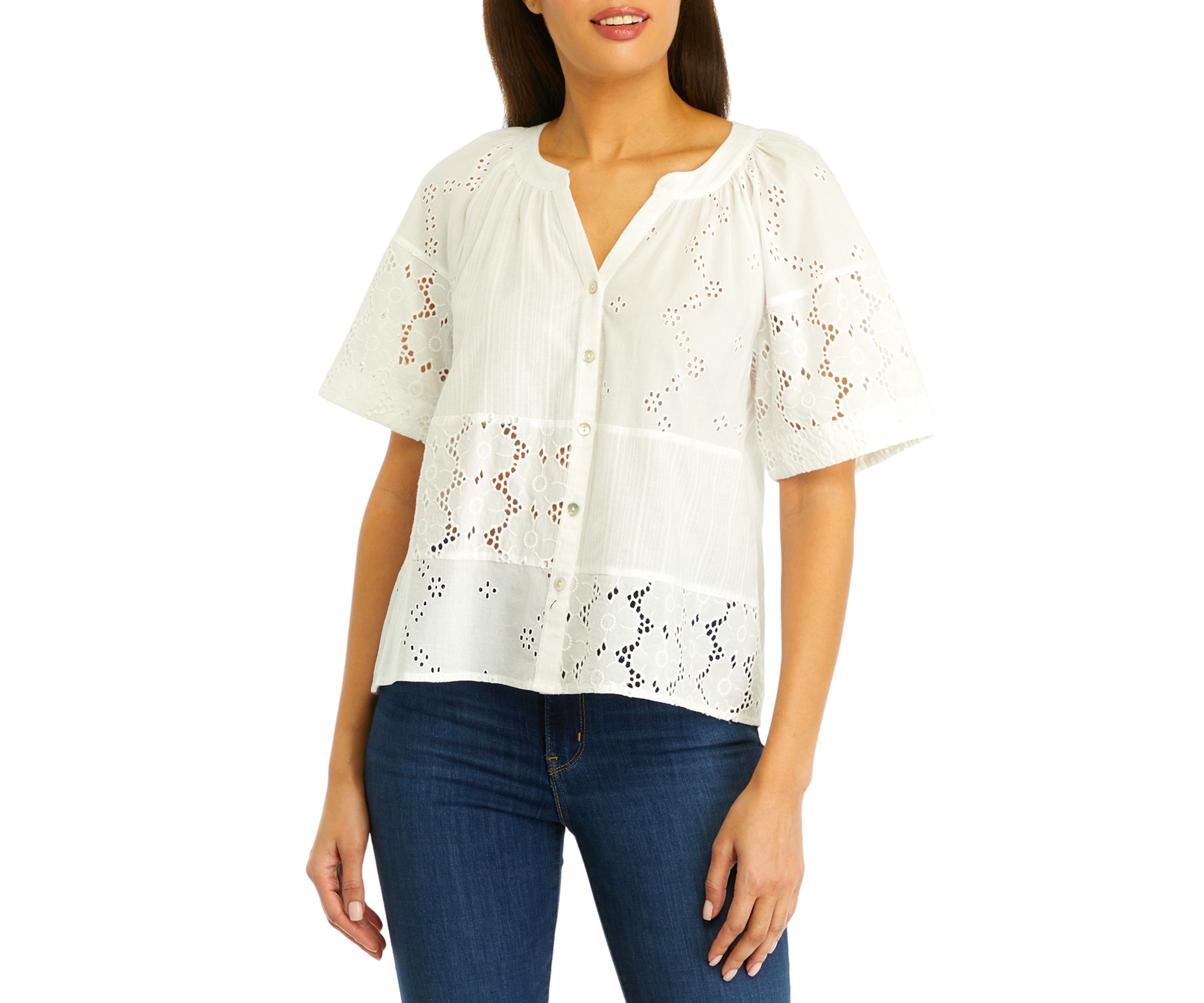 Wonderly Women's Short Sleeve Patchwork Button Down Top | Belk