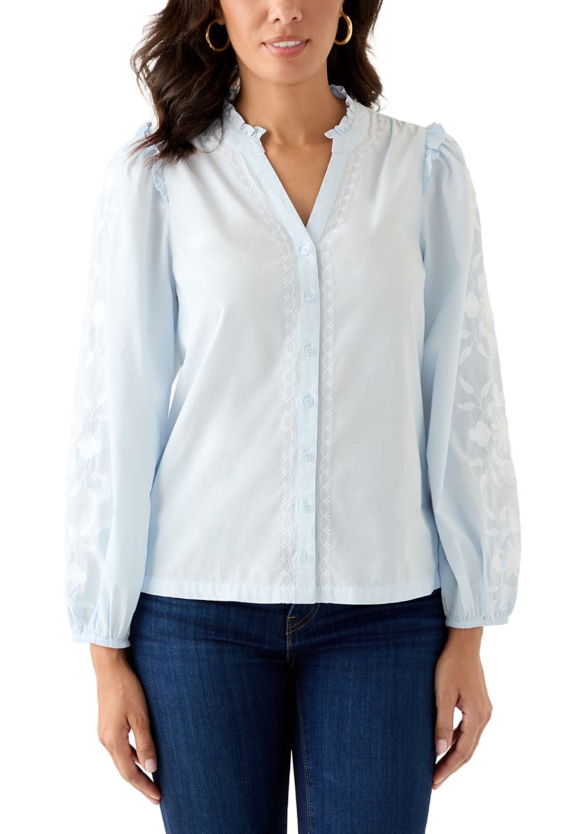 Crown & Ivy™ Women's Long Sleeve Embroidered Split Neck Blouse | Belk
