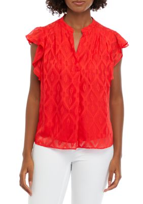 T TAHARI Petite Split Neck Flutter Sleeve Top | belk