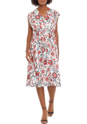 T TAHARI Petite V-Neck Printed Button Down Dress | belk