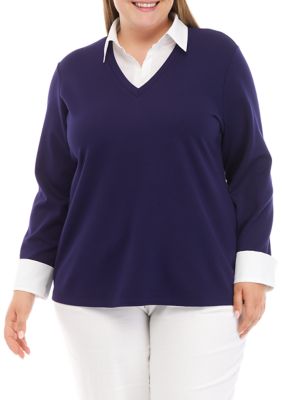 JONES NEW YORK Serenity with Cotton Poplin Long Sleeve V-Neck Twofer ...