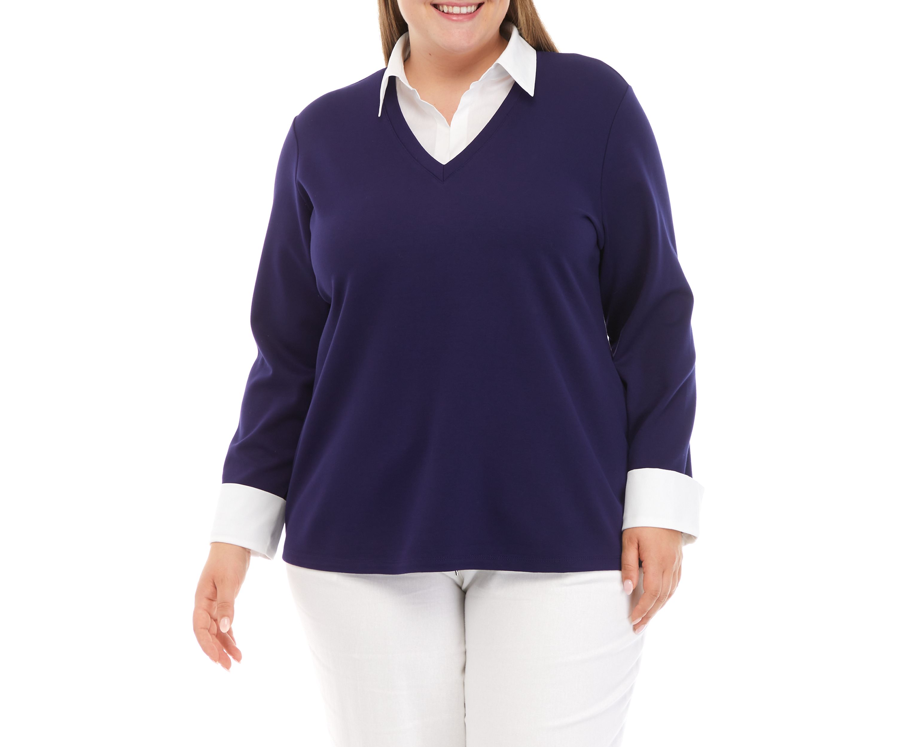 JONES NEW YORK Serenity with Cotton Poplin Long Sleeve V-Neck Twofer ...