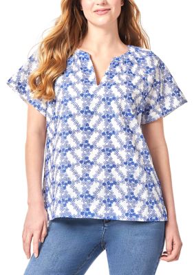 JONES NEW YORK Petite Short Sleeve Popover Shirred Split Neck Blouse | belk