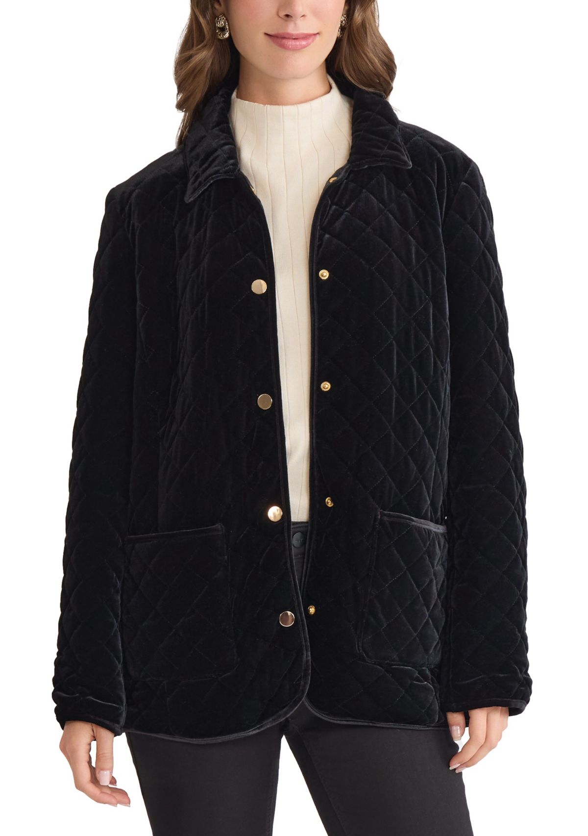JONES NEW YORK Women's Snap Front Quilted Velvet Jacket | Belk