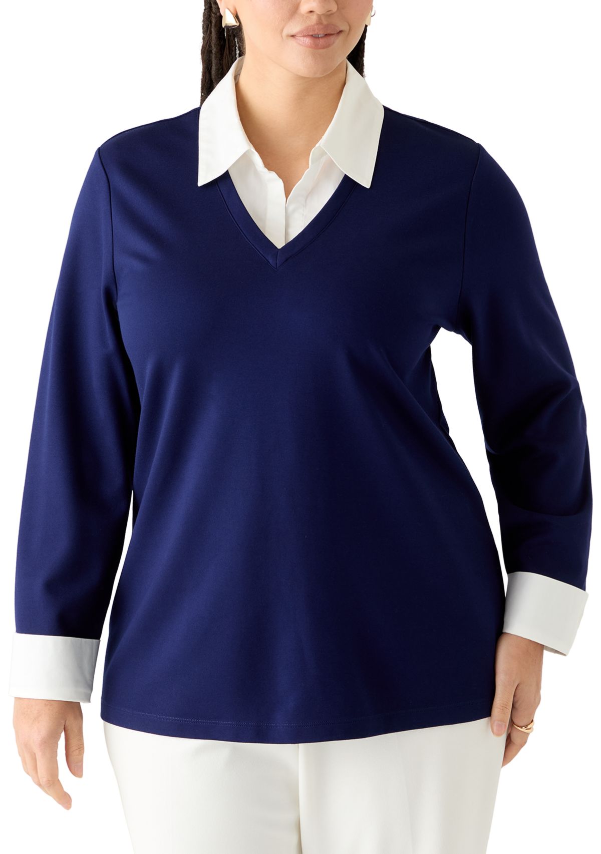 JONES NEW YORK Plus Size Long Sleeve Poplin V-Neck Twofer Top | Belk