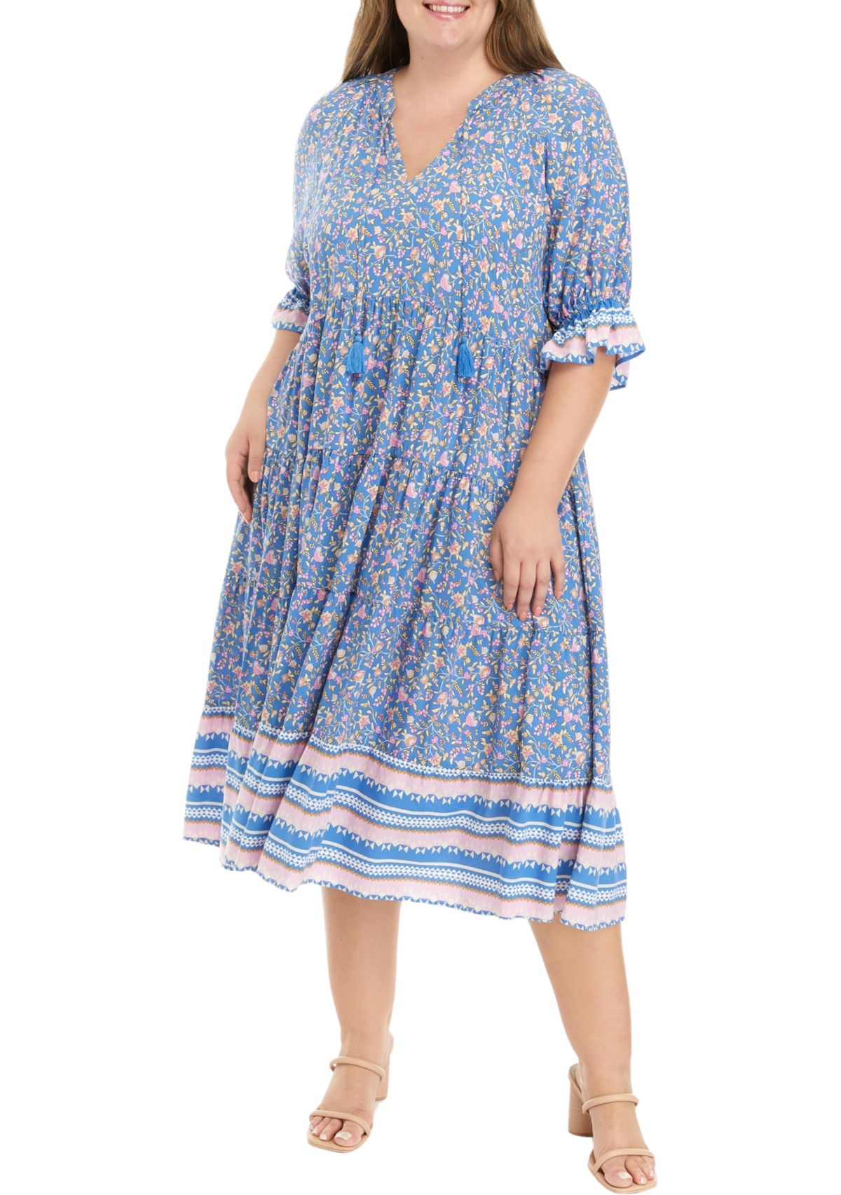 Wonderly Plus Size Elbow Sleeve Tiered Midi Dress | Belk