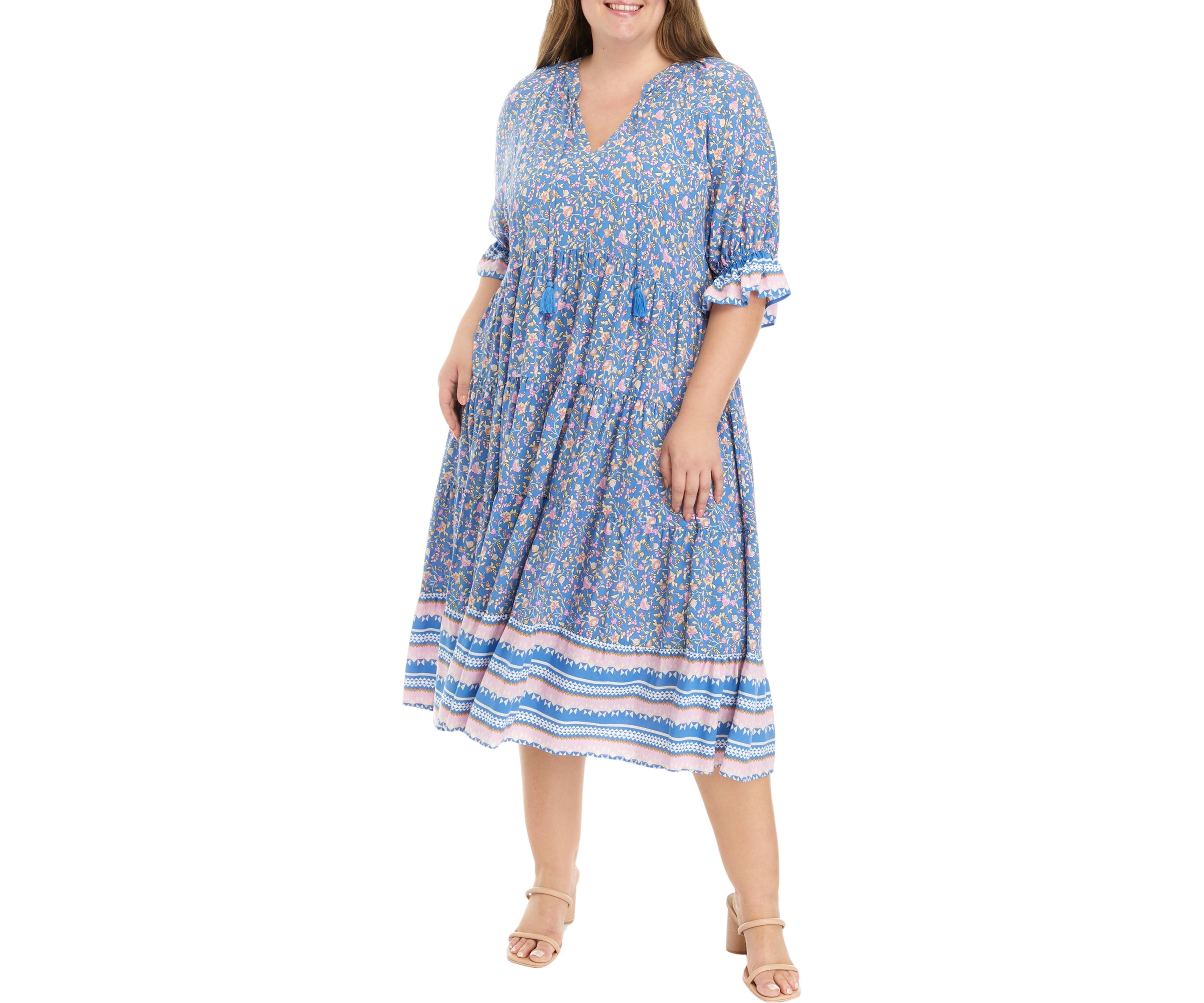 Wonderly Plus Size Elbow Sleeve Tiered Midi Dress | Belk