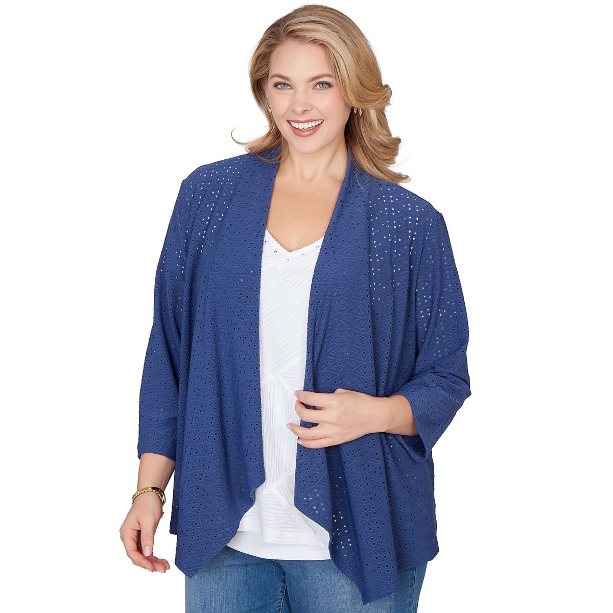 Hearts of Palm SOLID EYELET CASCADE CARDIGAN WITH 3/4 SLEEVES | Belk