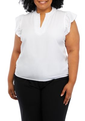 THE LIMITED Plus Size Short Flutter Sleeve Split Neck Popover Top | belk