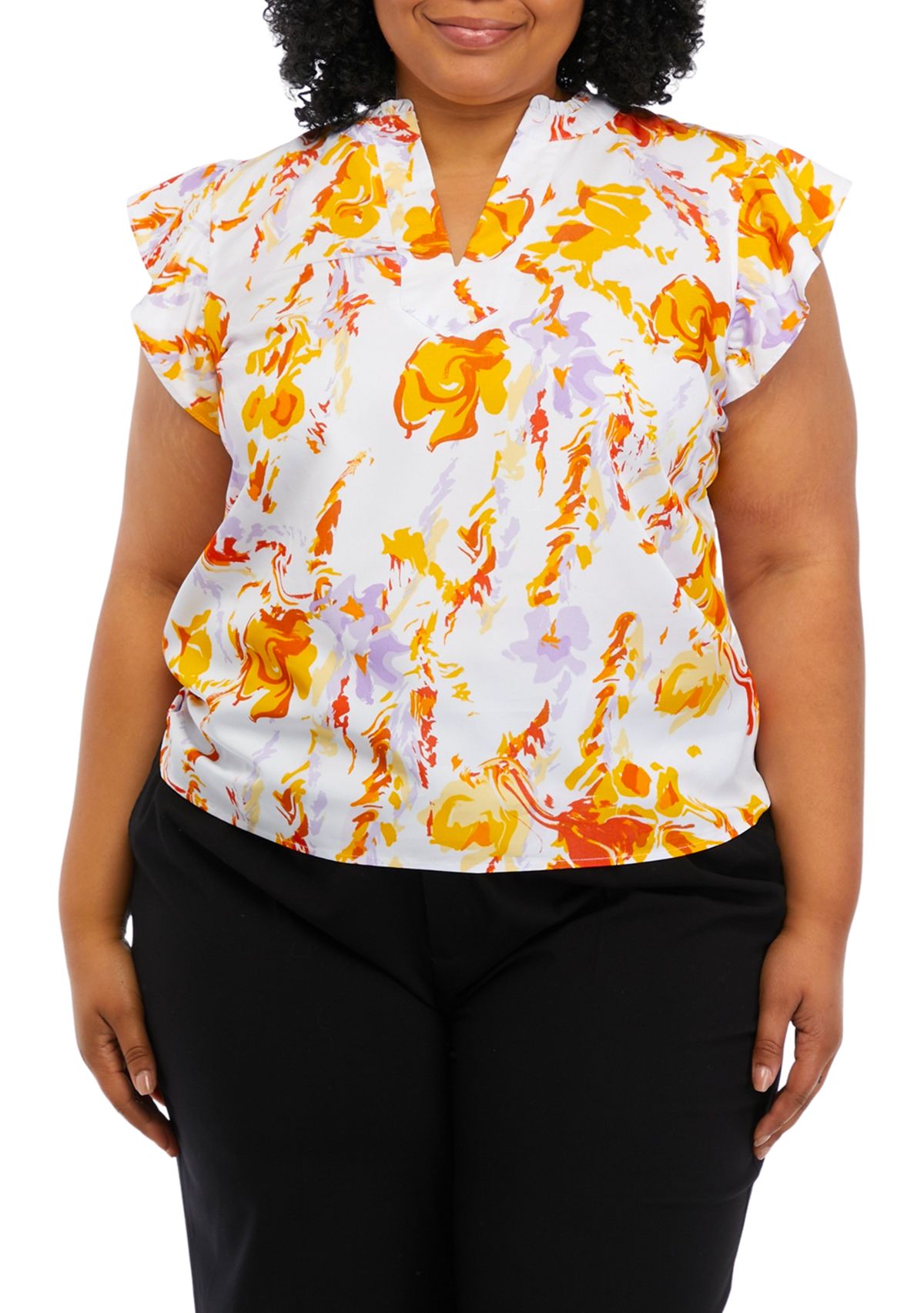 THE LIMITED Plus Size Short Flutter Sleeve Split Neck Popover Top | Belk