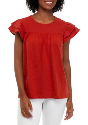 Wonderly Women's Short Sleeve Boat Neck Double Ruffle Top | belk