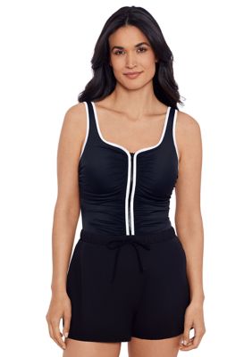ShapeSolver Sport Color Coated Shirred Zipper Jogger One Piece Swimsuit ...