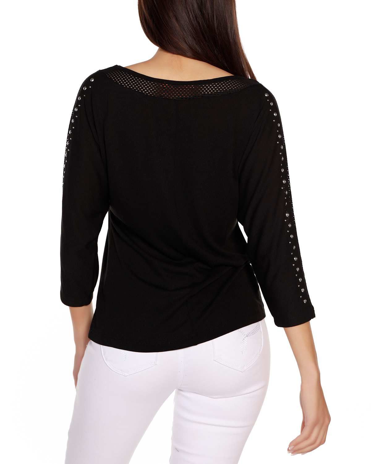 Belldini Embellished Knit Top with Mesh Inset | Belk