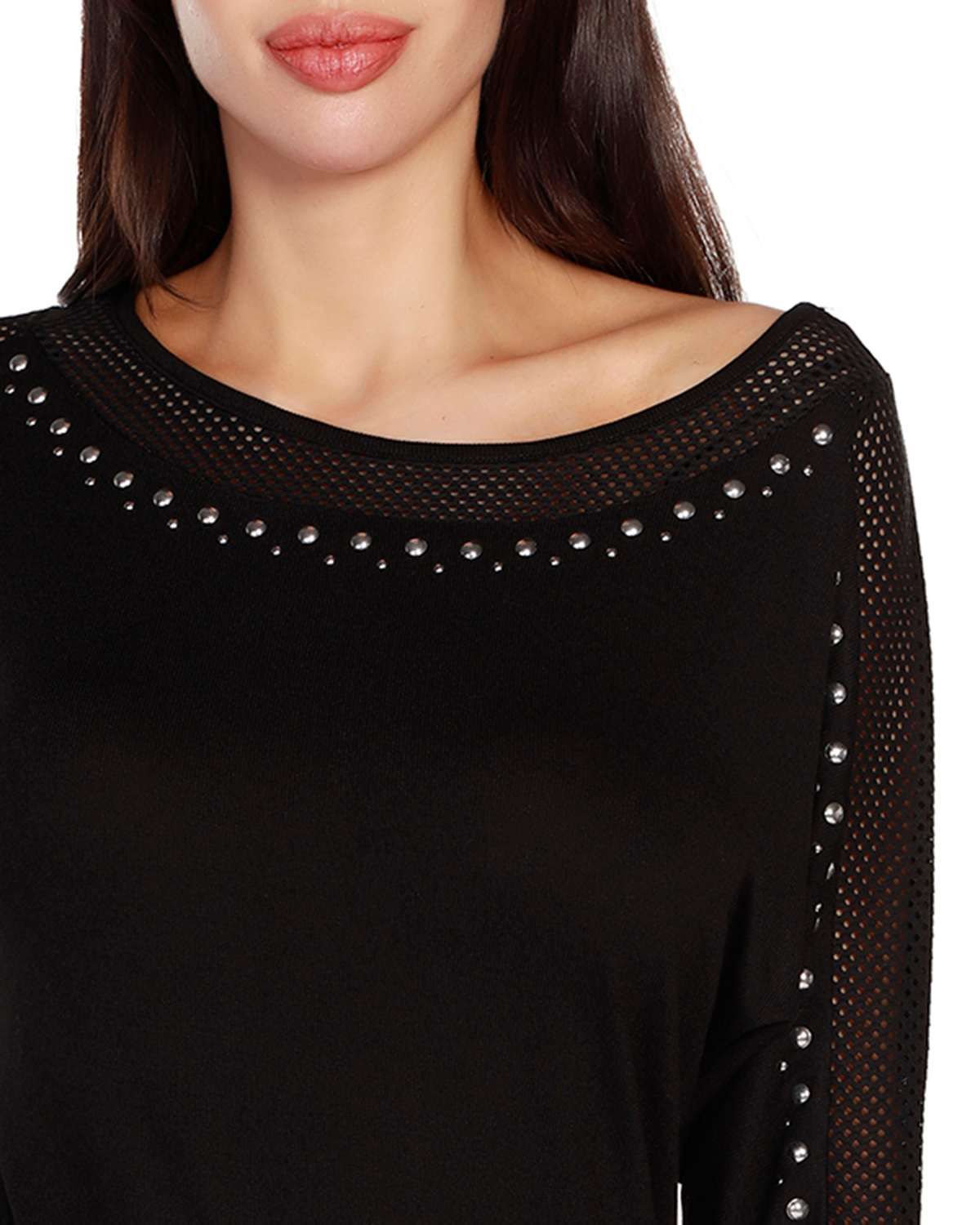 Belldini Embellished Knit Top with Mesh Inset | Belk