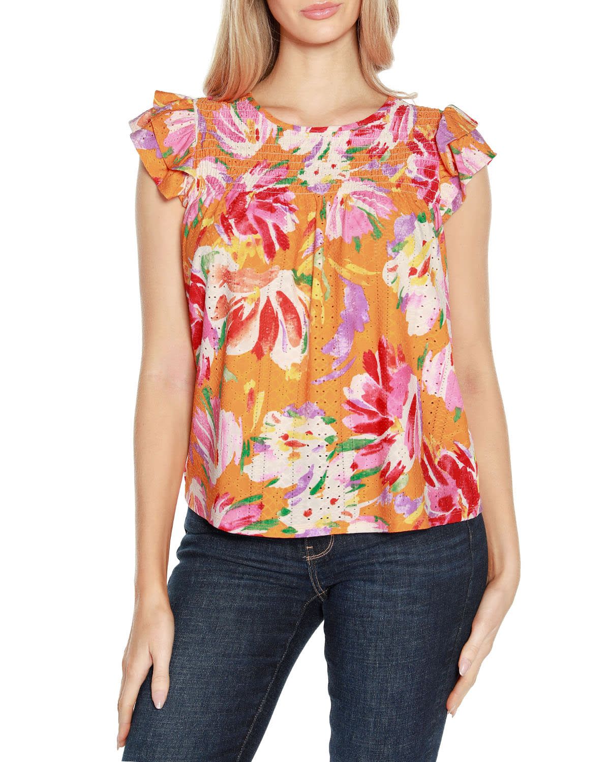 Belldini Smocked Printed Floral Eyelet Top | Belk