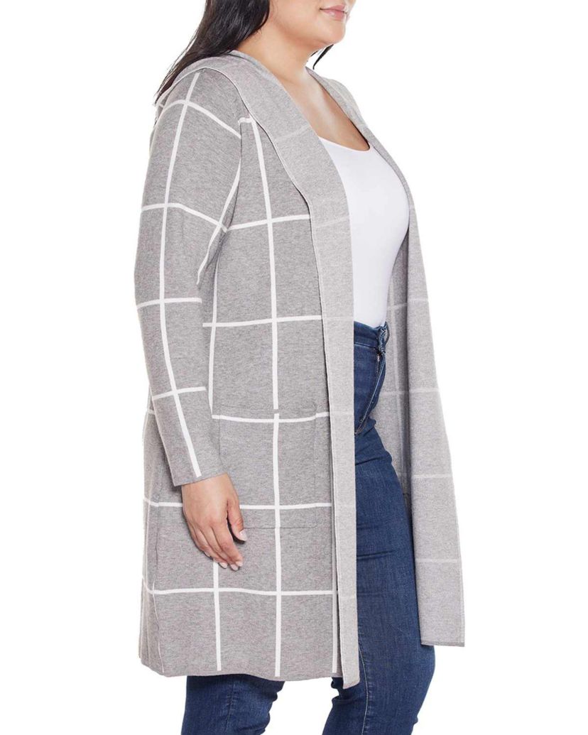 Belldini Plus Size Hooded Windowpane Plaid Coatigan Sweater | Belk