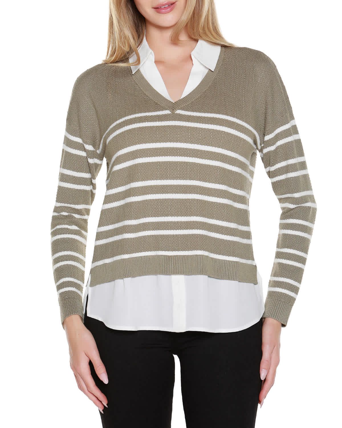 Belldini Striped V-Neck Twofer Sweater | Belk