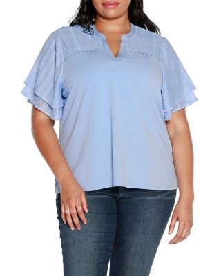 Belldini Black Label Plus Size Split Neck Mixed Media Top | belk