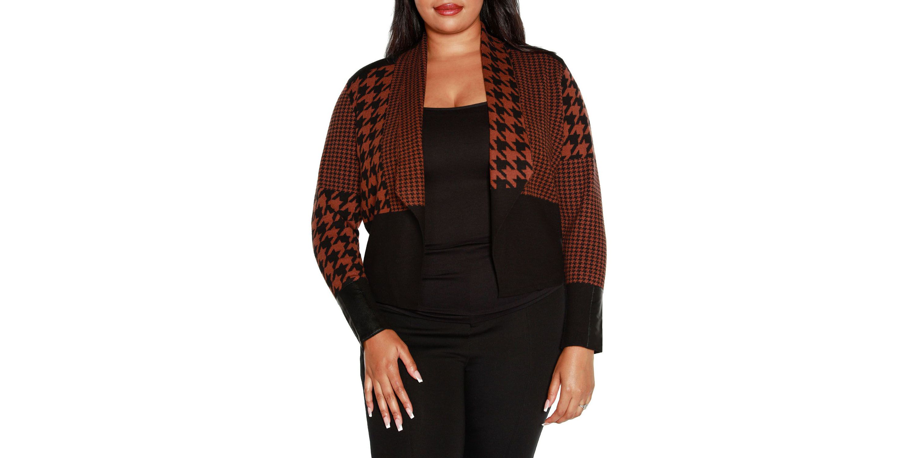Belldini Black Label Plus Size Houndstooth Jacquard Open Cardigan | Belk