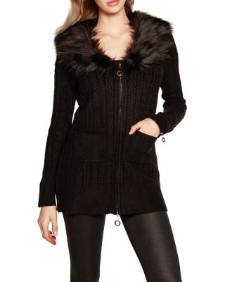 Belldini Black Label Faux Fur Collar Cable Zippered Sweater | belk