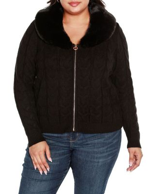 Belldini Black Label Plus Size Faux Fur Collared Cable Cardigan | belk
