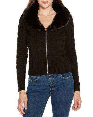 Belldini Black Label Faux Fur Collared Cable Cardigan | belk