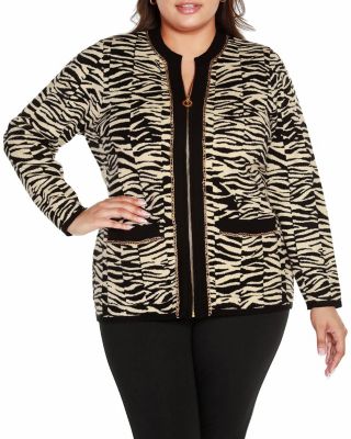 Belldini Black Label Plus Size Zebra Jacquard Sweater Jacket | belk