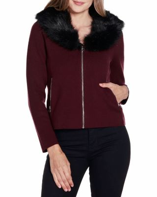 Belldini Black Label Faux Fur Collar Short Zip Cardigan Sweater | Belk