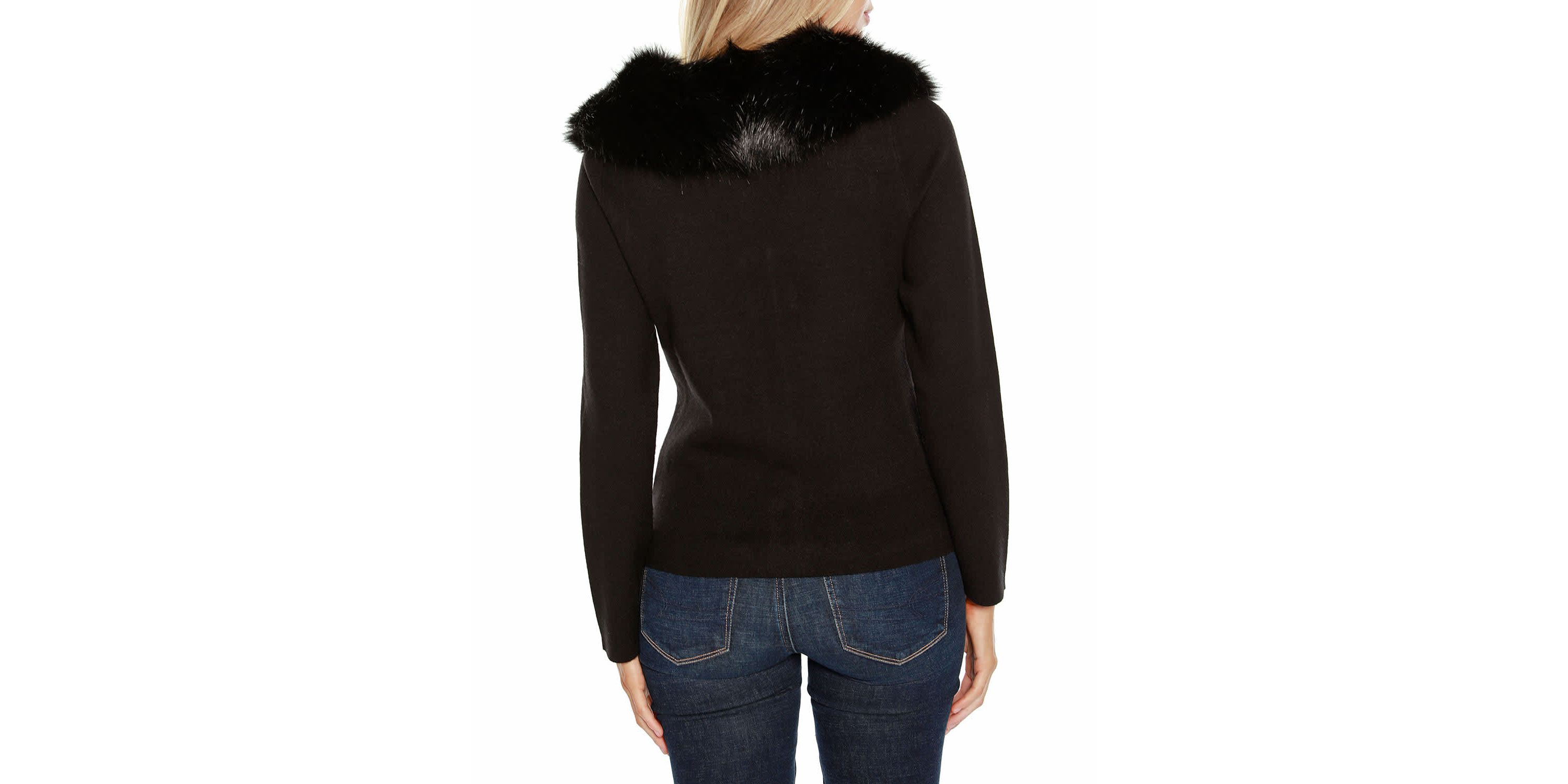 Belldini Black Label Faux Fur Collar Short Zip Cardigan Sweater | Belk
