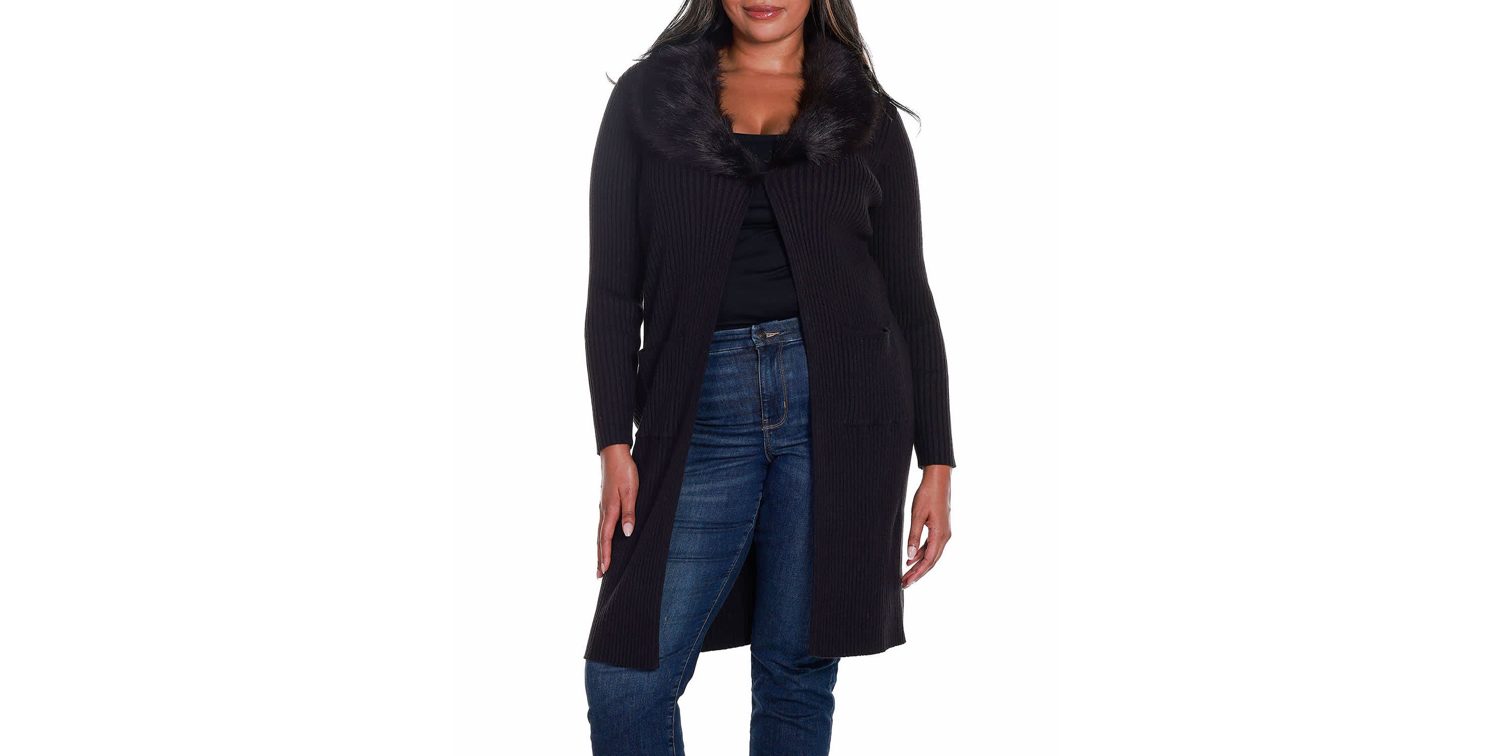 Belldini Black Label Plus Size Ribbed Faux-Fur Collar Duster Cardigan ...