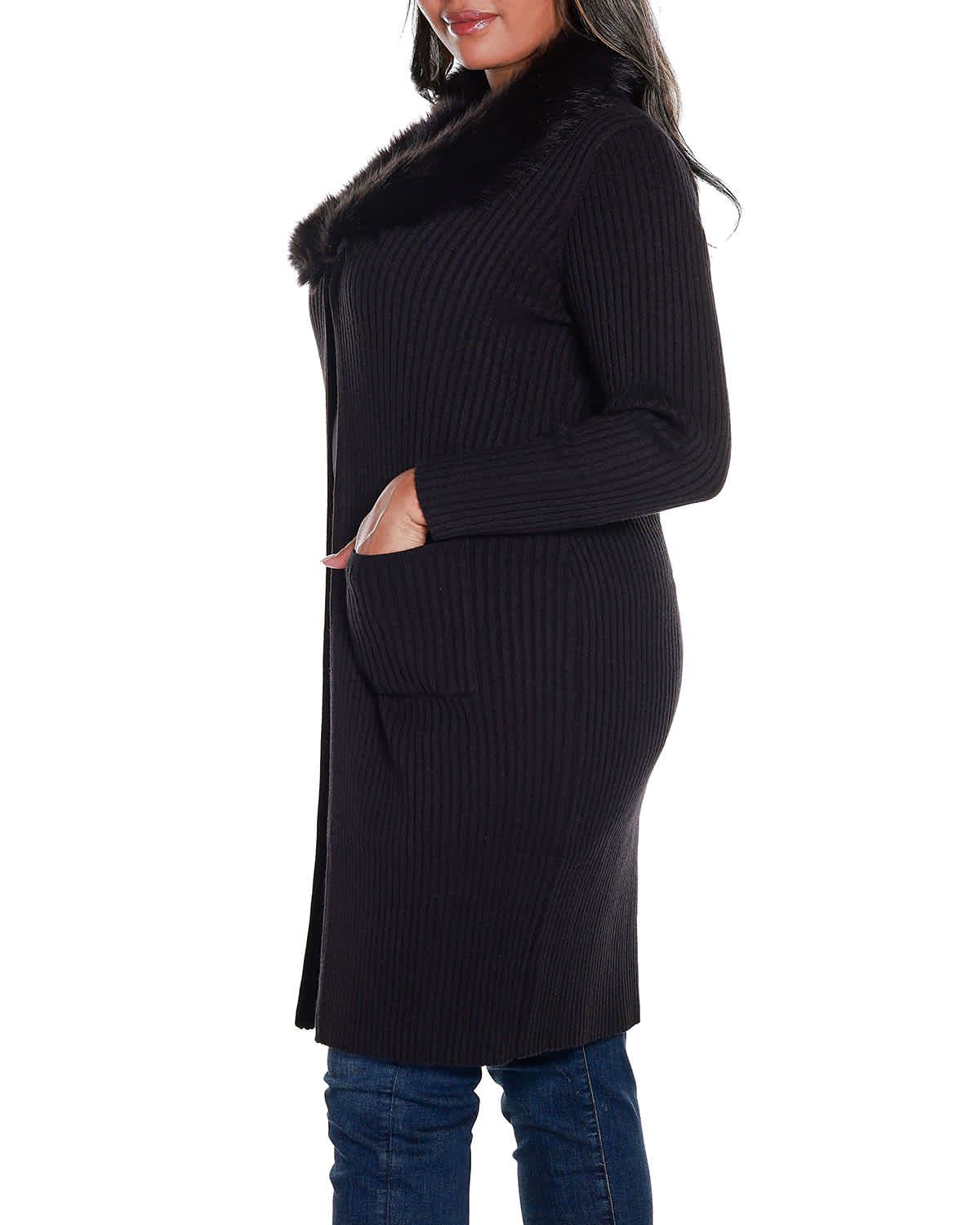 Belldini Black Label Plus Size Ribbed Faux-Fur Collar Duster Cardigan ...
