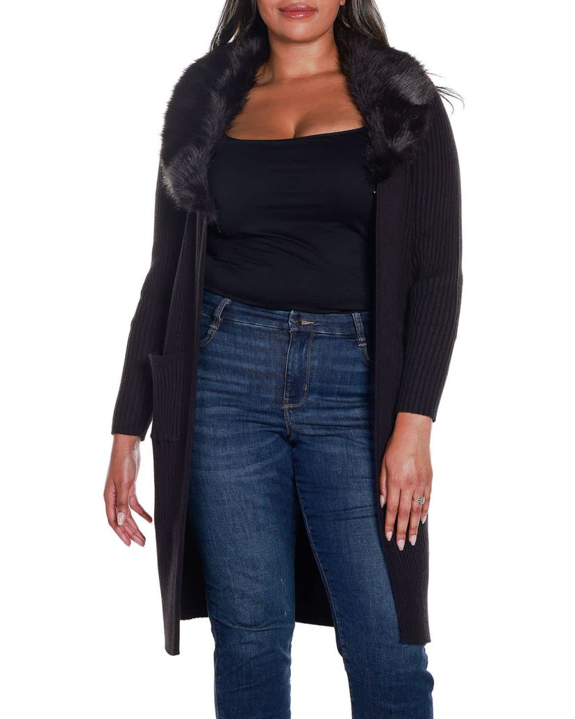Belldini Black Label Plus Size Ribbed Faux-Fur Collar Duster Cardigan ...