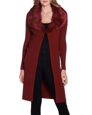 Belldini Black Label Ribbed Faux-Fur Collar Duster Cardigan Sweater | belk