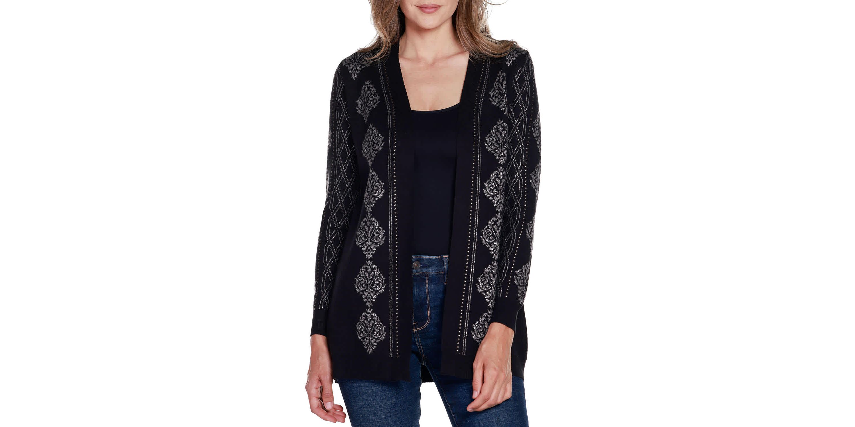 Belldini Black Label Lurex Jacquard Open-Front Cardigan Sweater | Belk