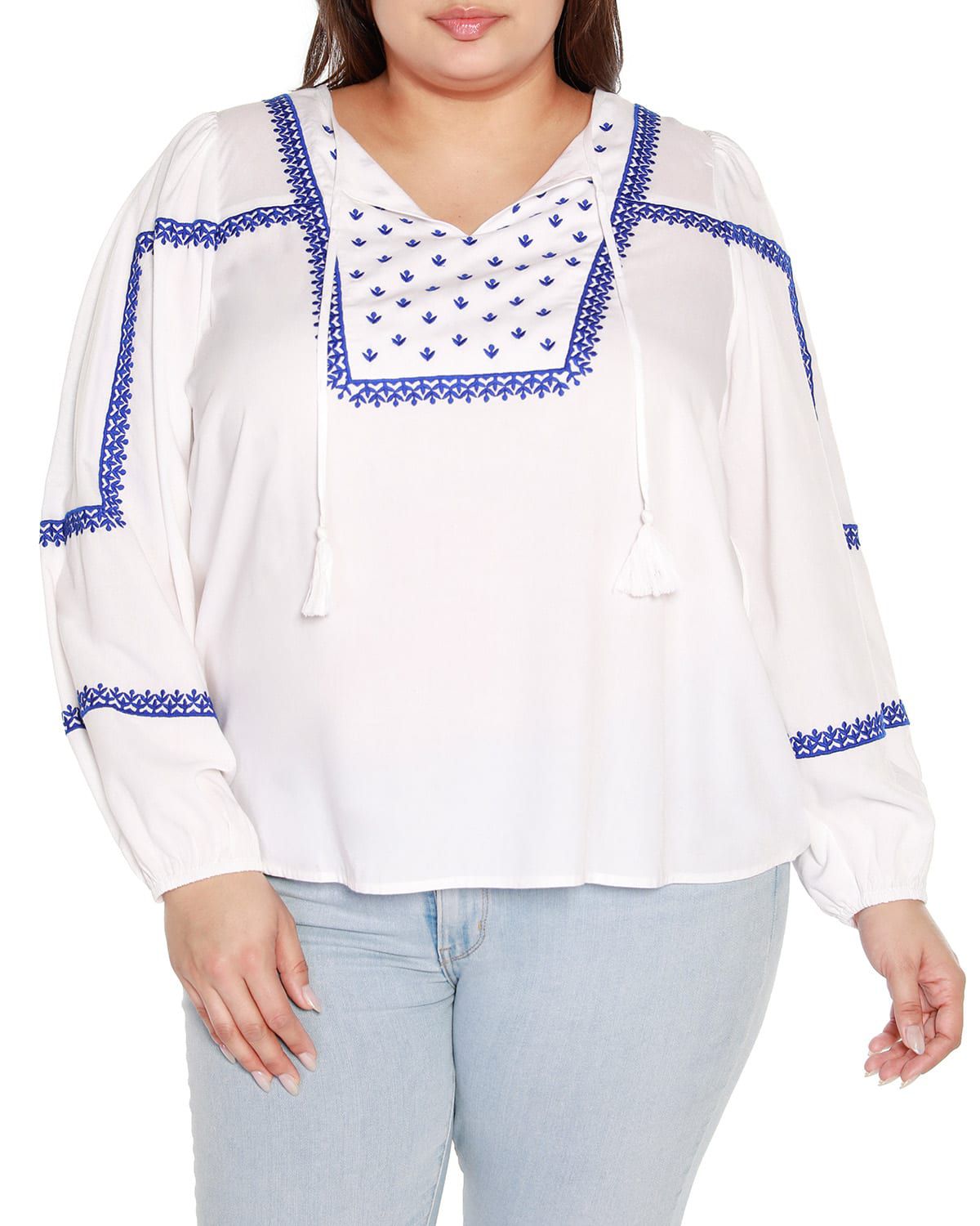 Belldini Black Label Plus Size Embroidered Blouson Tie Neck Top | Belk
