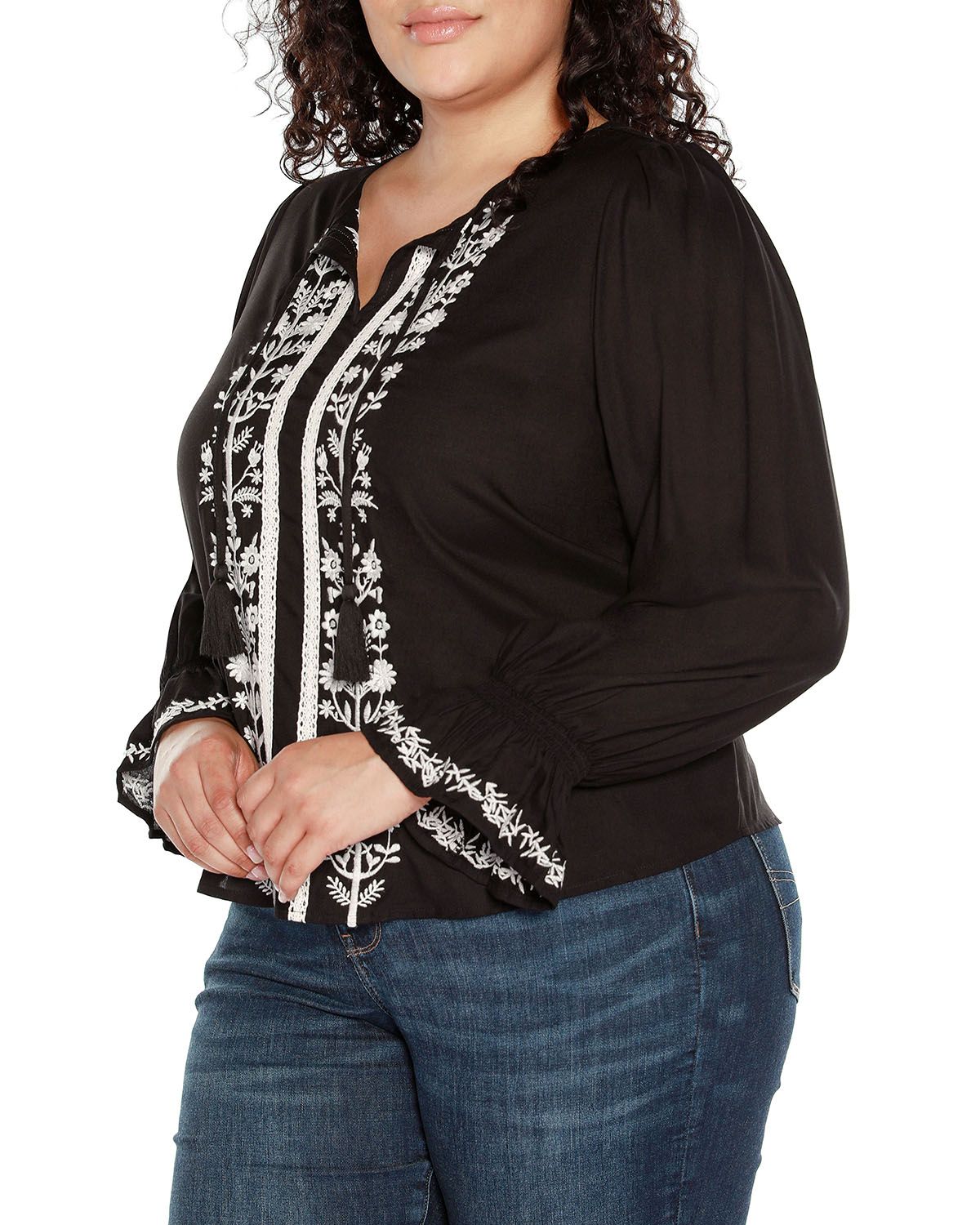 Belldini Black Label Plus Size Tie-Neck Embroidered-Front Blouse | Belk