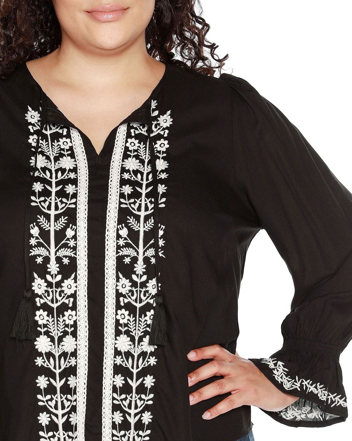 Belldini Black Label Plus Size Tie-Neck Embroidered-Front Blouse | Belk