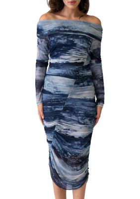 Adrienne Landau Onyx Women's Off the Shoulder Printed Side Ruch Mesh ...